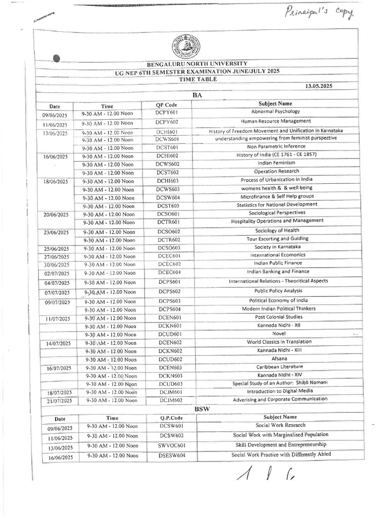 NEP VI Sem Time Table 16.05.2025 | PDF
