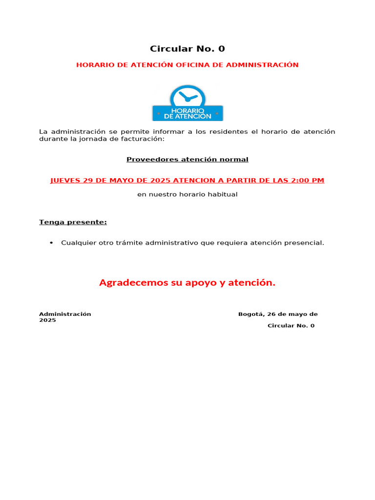 2025-061 Circular Horario Oficina Jornada Faturacion | PDF