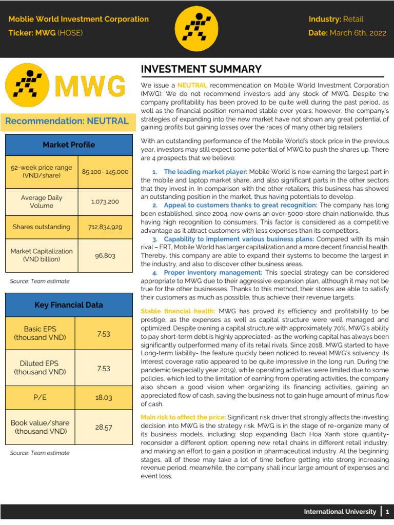 Equity Research Final MWG | PDF | Expense | Revenue