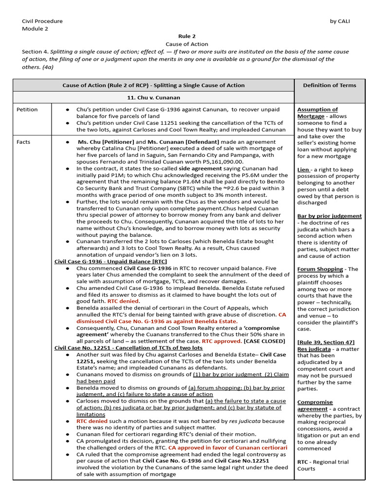 CivPro Mod 2 Chu V Cunanan Splitting Cause of Action | PDF | Lawsuit | Res Judicata