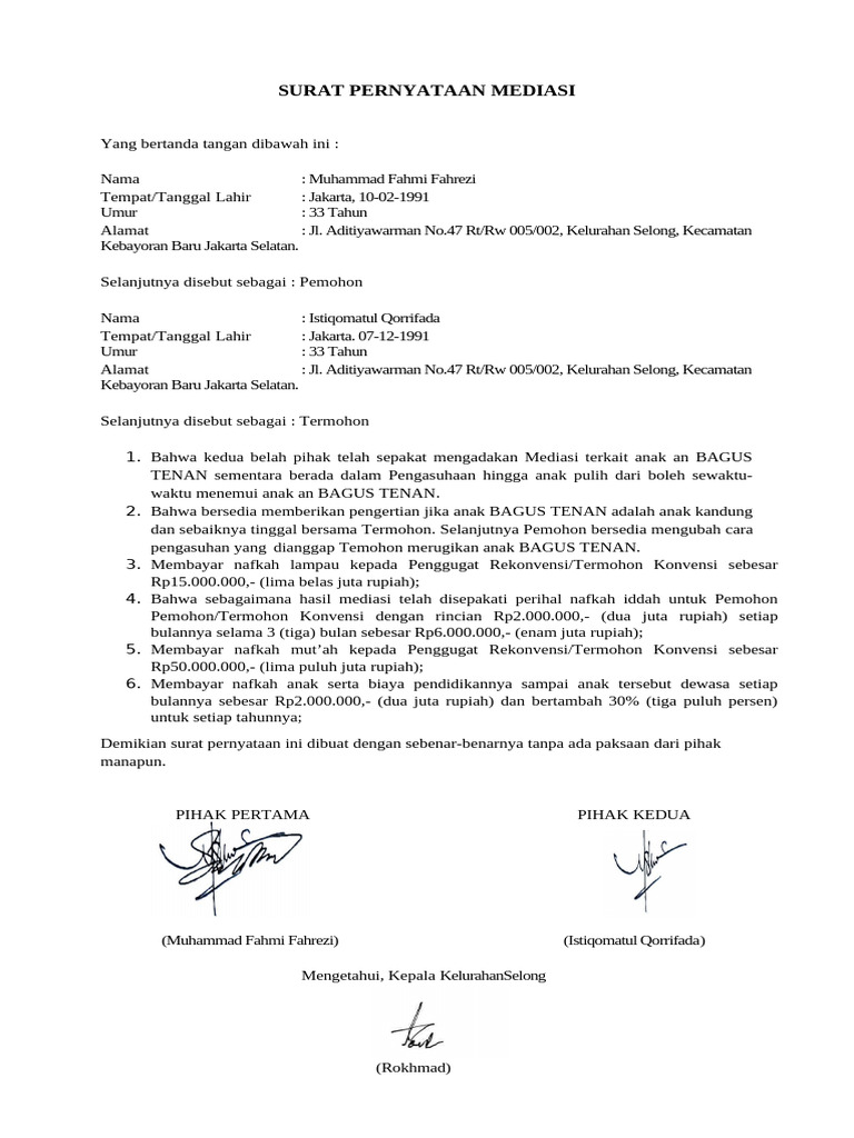 Surat Pernyataan Mediasi | PDF