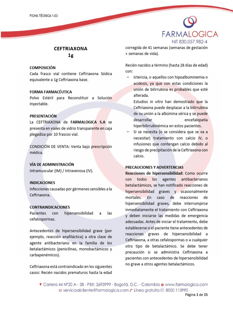 FT Ceftriaxona 1g | PDF | Farmacocinética | Amamantamiento