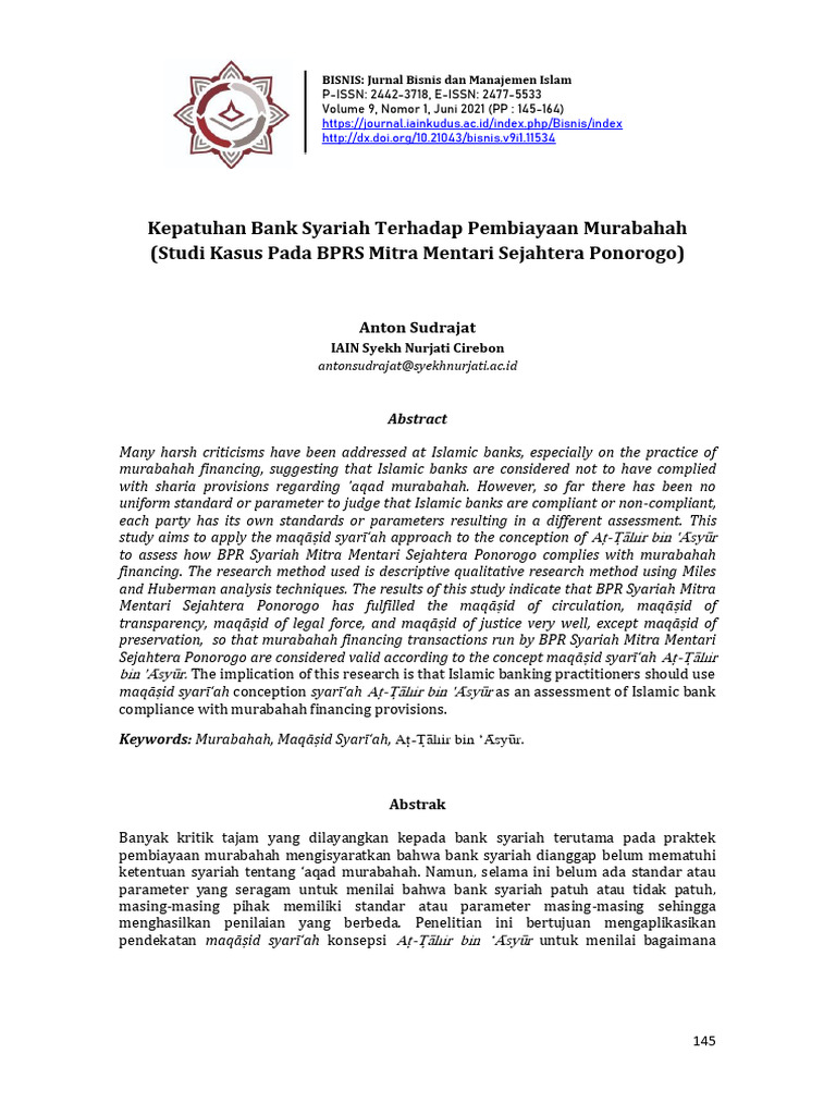 Kepatuhan Bank Syariah Terhadap Pembiayaan Murabahah (Studi Kasus Pada BPRS Mitra Mentari ...
