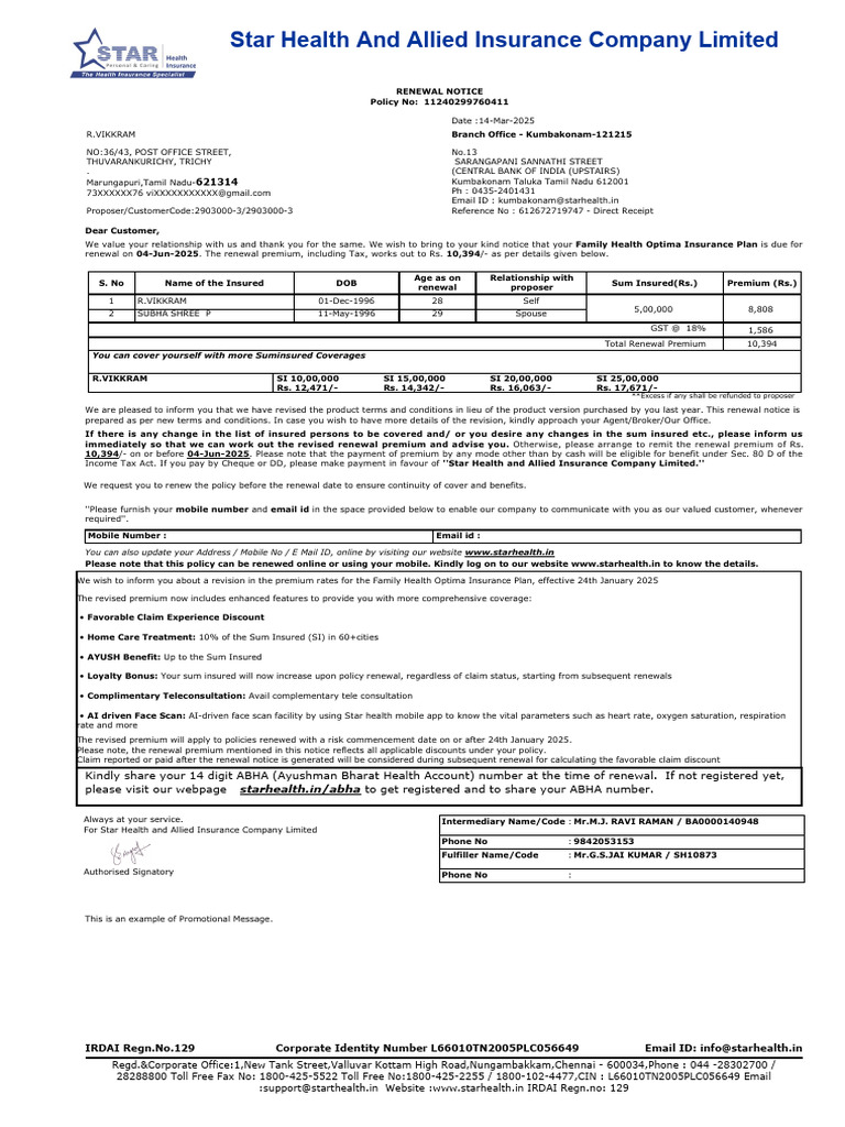 Family Health Optima Renewal Notice | PDF | Insurance | Payments