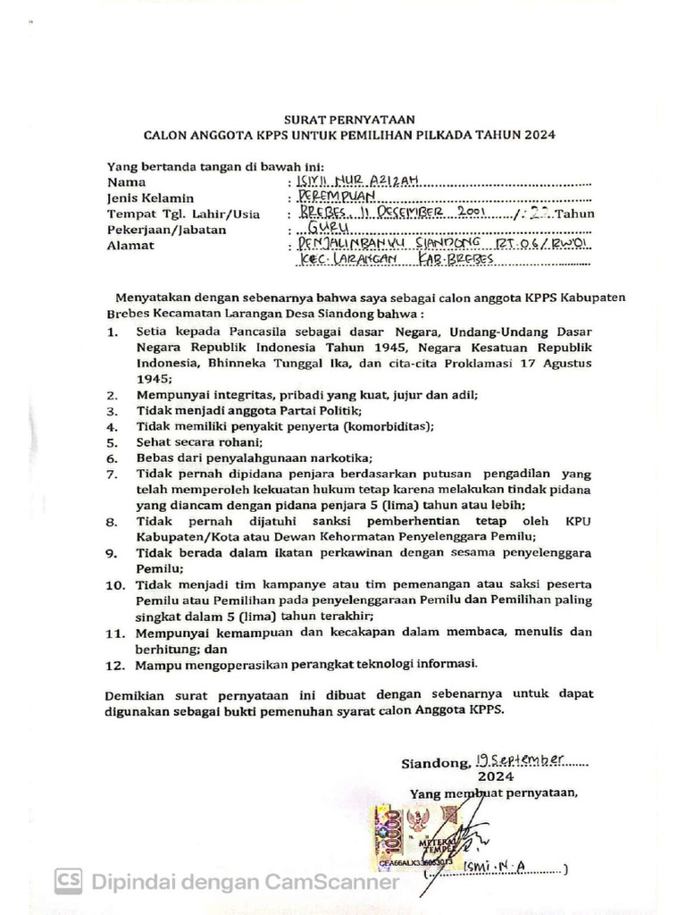 Surat Pernyataan KPPS | PDF