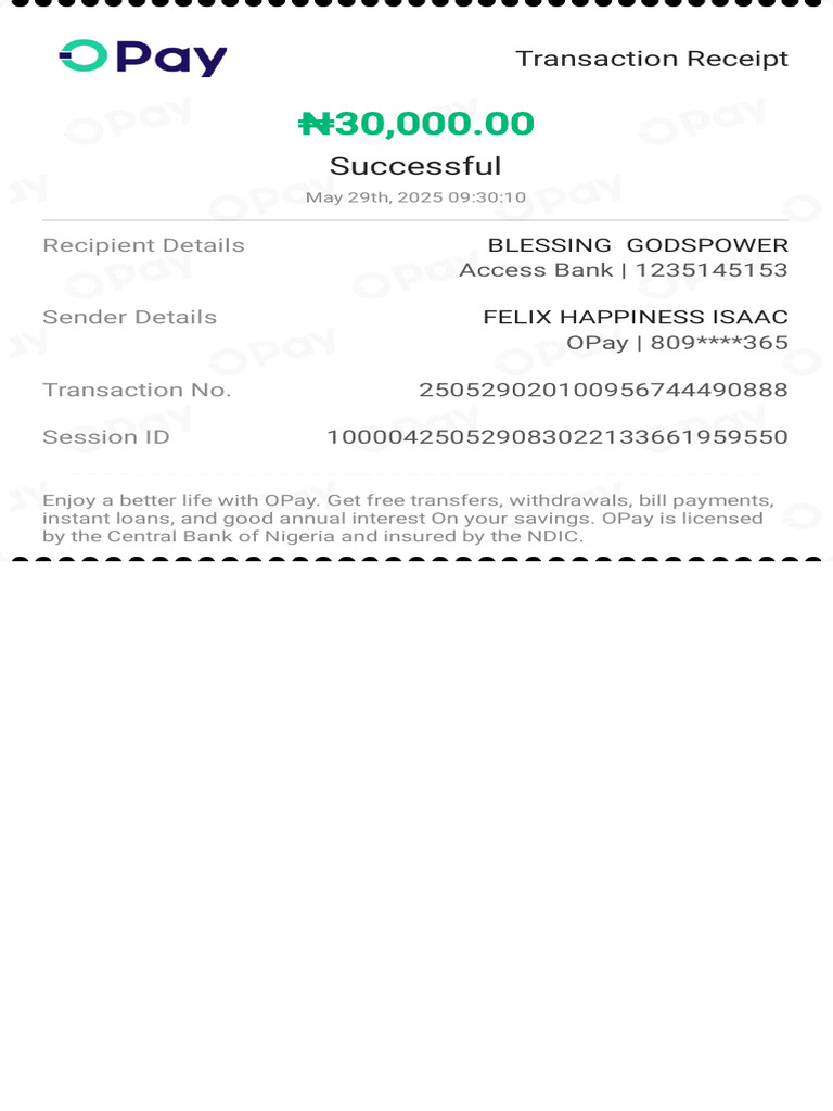 OPay Transaction Receipt - ₦30,000 Successful | PDF