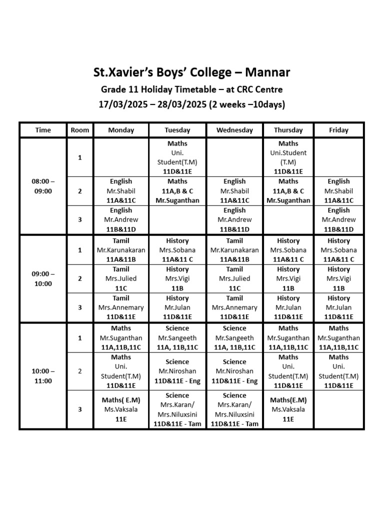 Holiday Timetable OL - 2025 | PDF