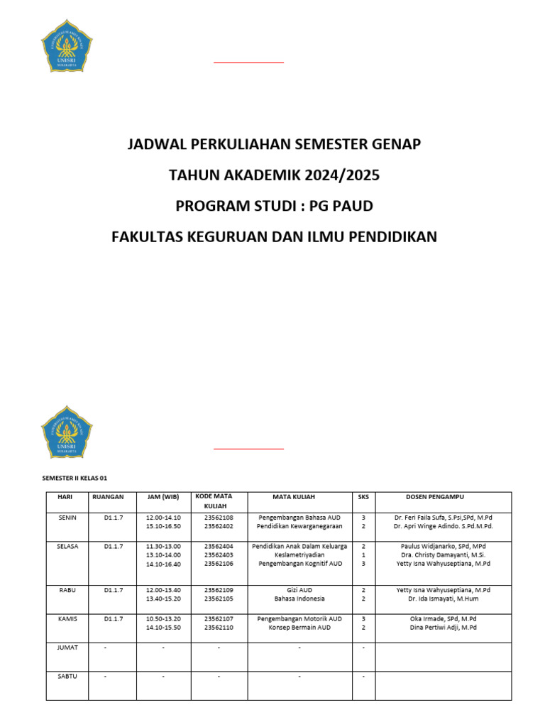 Jadwal Pg-Paud Genap 2024-2025 | PDF
