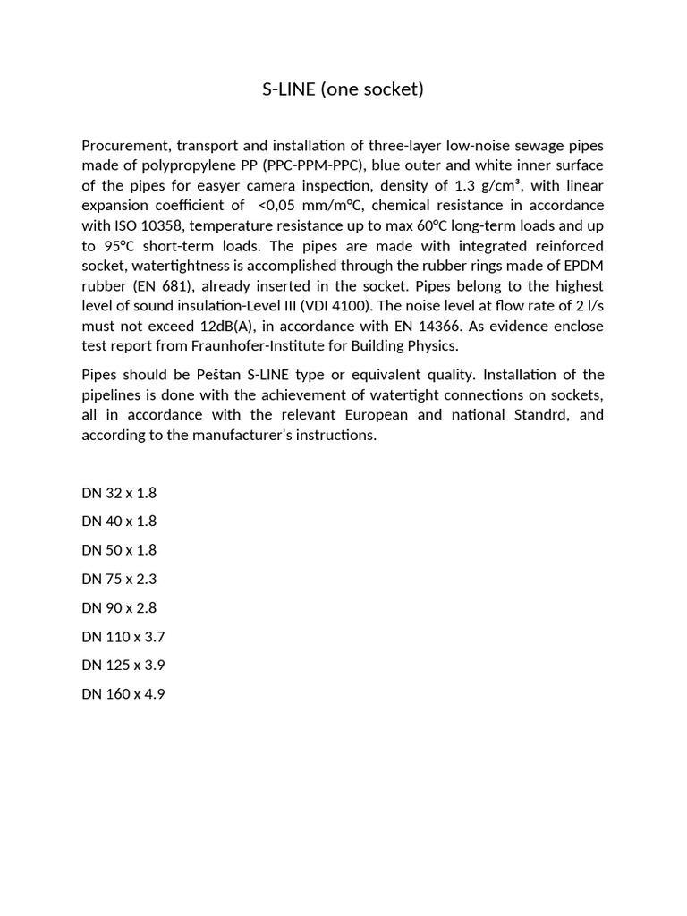 S-LINE Low-Noise Sewage Pipe Specifications | PDF | Pipe (Fluid ...