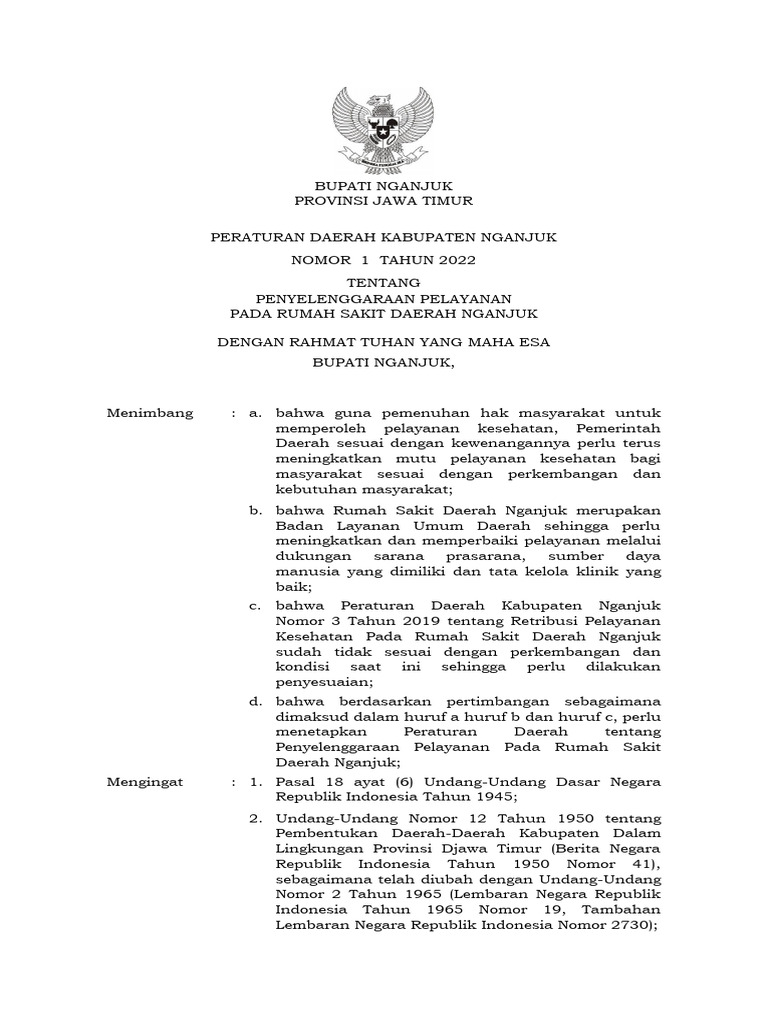 Perda 1-2022 TTG Penyelenggaraan Pelayanan Pada Rumah Sakit Daerah Nganjuk | PDF