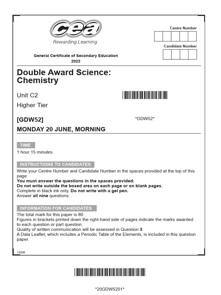 GCSE-Science Double Award-584-Summer2022-Higher Tier, Unit C2 Chemistry-Paper | PDF | Chemical ...