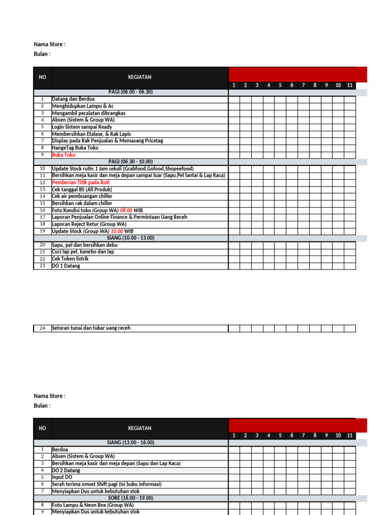 Contoh Checklist Operasionsl Harian | PDF