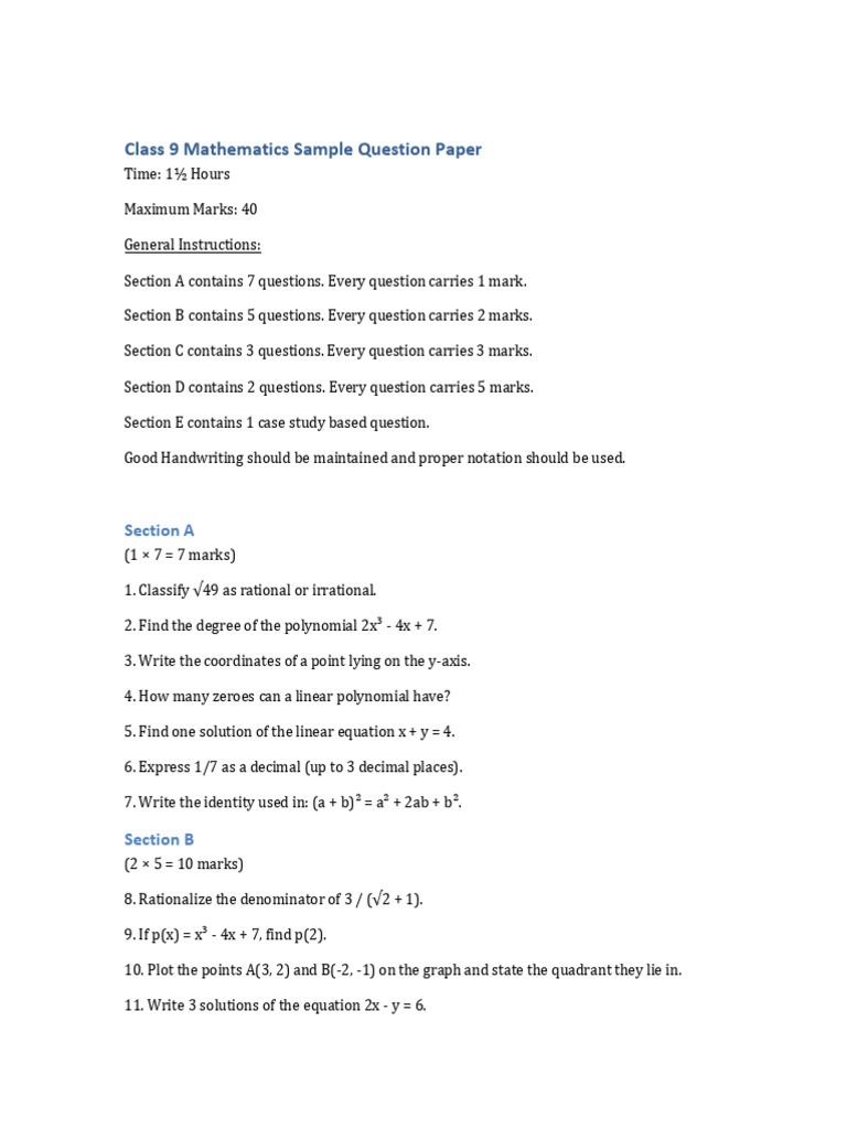 Class-9Maths Sample Question Paper | PDF