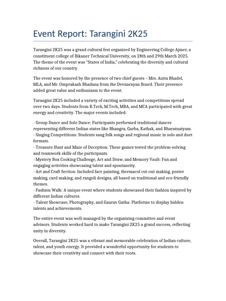 Tarangini 2K25 Event Report | PDF