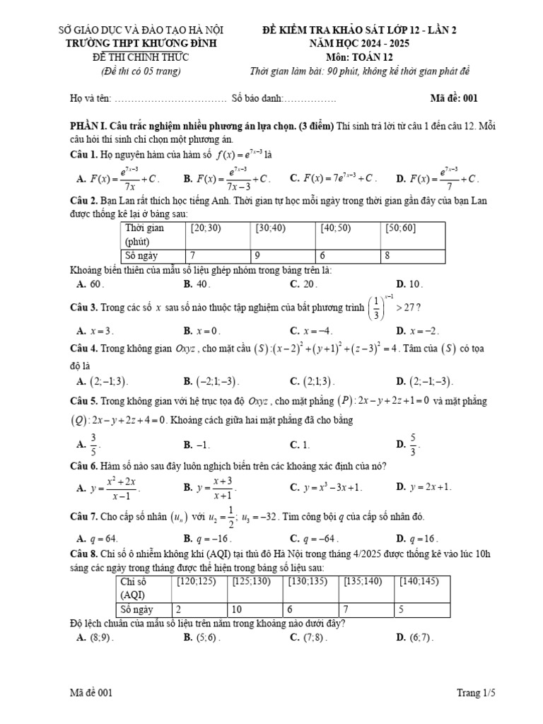 KSCL Lần 2 - Toán 12 - Đề 001 | PDF