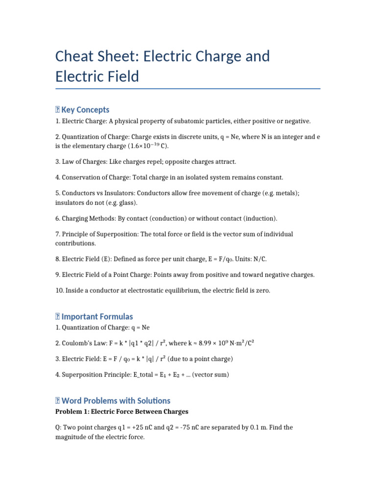 Electric Charge and Field Cheat Sheet | PDF