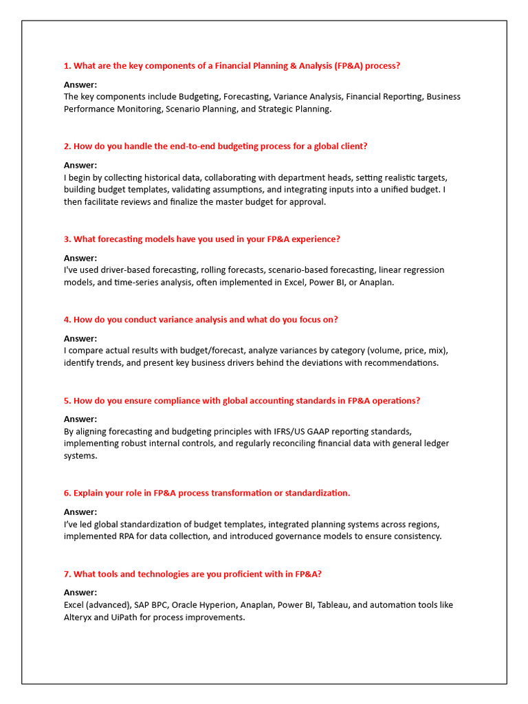 FPNA Interview Questions | PDF | Financial Analyst | Performance Indicator