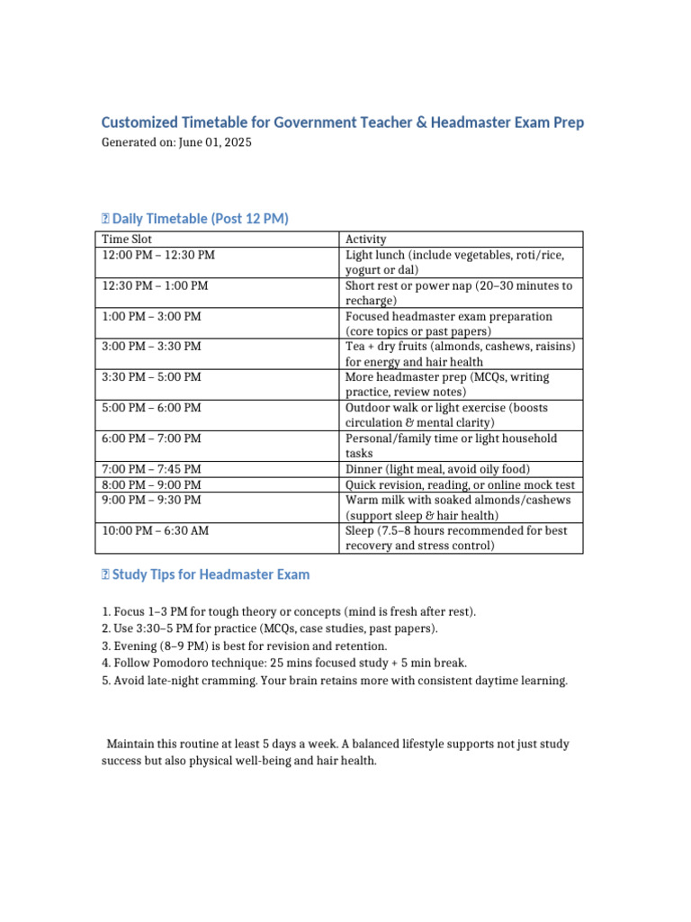 Teacher Headmaster Study Timetable | PDF