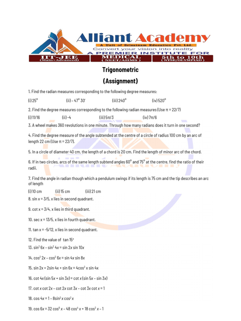 Trigonometric (Assignment) | PDF | Trigonometric Functions | Circle