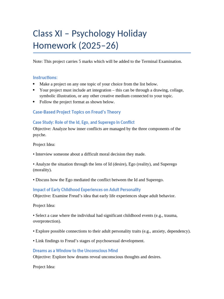Psychology Holiday Homework Class XI | PDF | Unconscious Mind | Sigmund ...