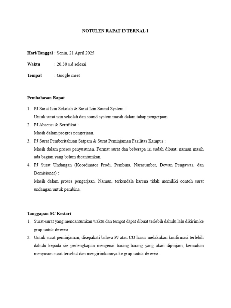 Notulen Rapat Internal 21 April 2025 | PDF