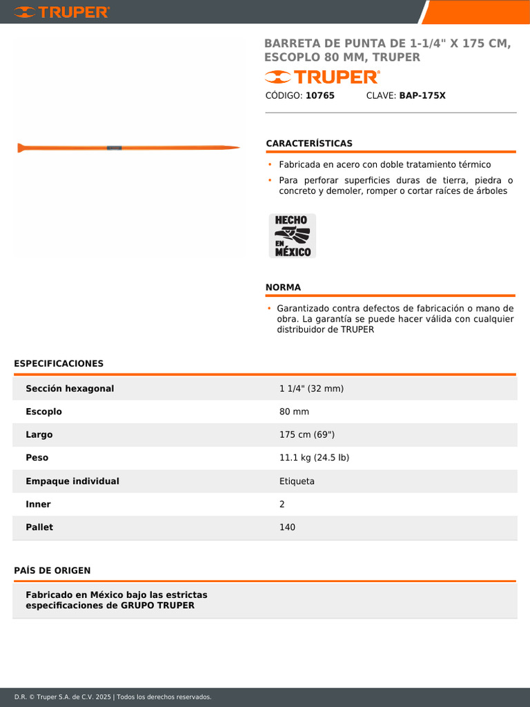 Barreta de Punta Truper 1-1/4" x 175 cm | PDF