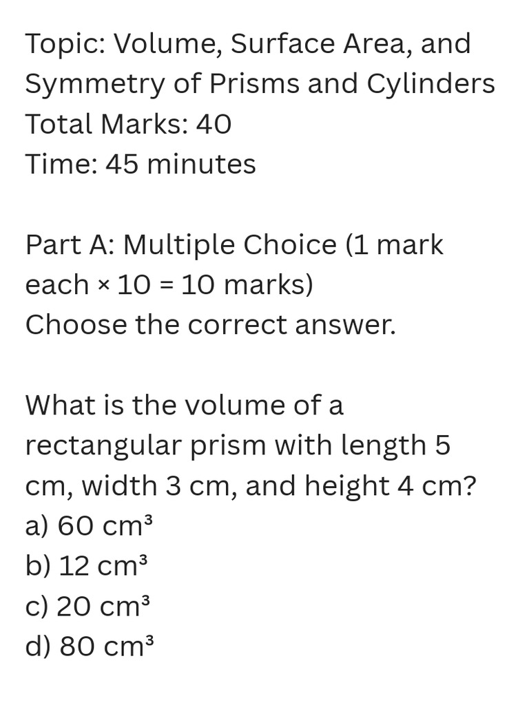 Topic Volume, Surface Area, and Symmetry of Prisms and Cylinders Total ...