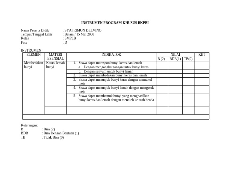 Instrumen Asesmen Program Khusus Tunarungu Vino (1) - 1 | PDF