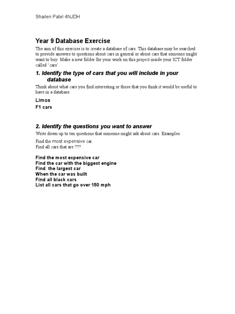 Creating a Database of Cars: Field Definitions, Queries, Forms, Reports, and Charts | PDF ...