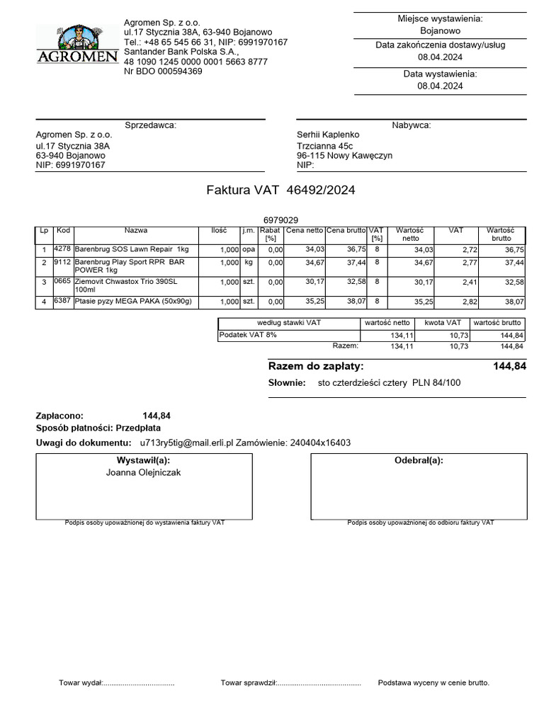 Faktura VAT 46492/2024: Razem Do Zapłaty: 144,84 | PDF
