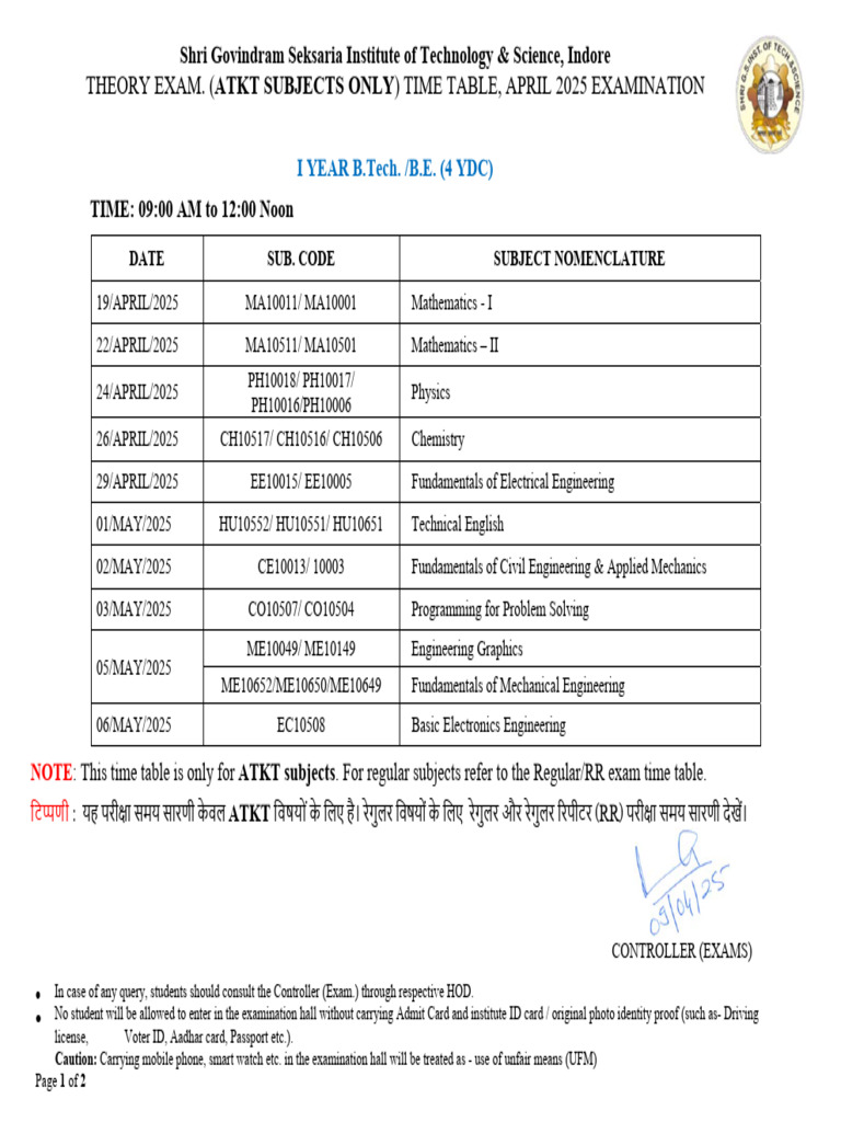 First Year Atkt Exam April 2025 Time Table 3 | PDF | Engineering
