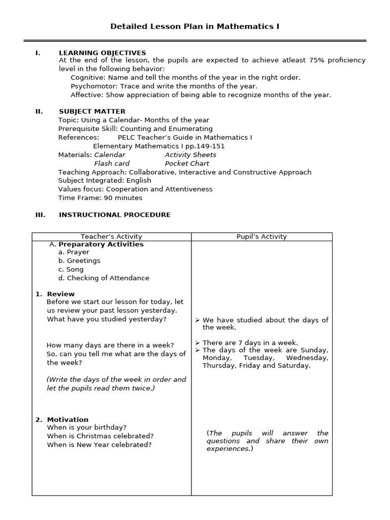 Detailed Lesson Plan in Mathematics 1 Do | PDF | Lesson Plan | Learning