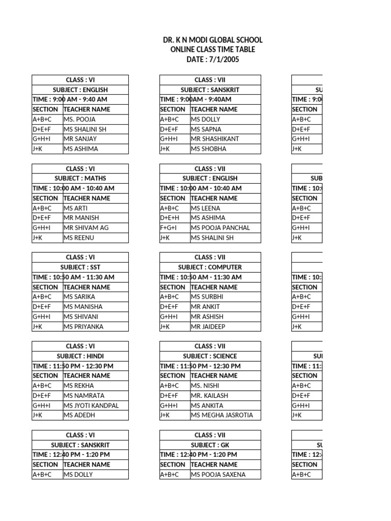 Online Time Table 7th Jan 25 | PDF