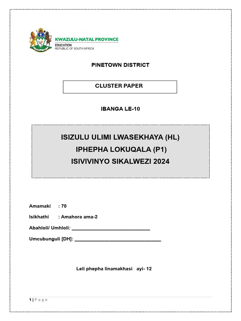 Isizulu HL p1 Ibanga 10 Lwezi 2024 QP Final Edited | PDF
