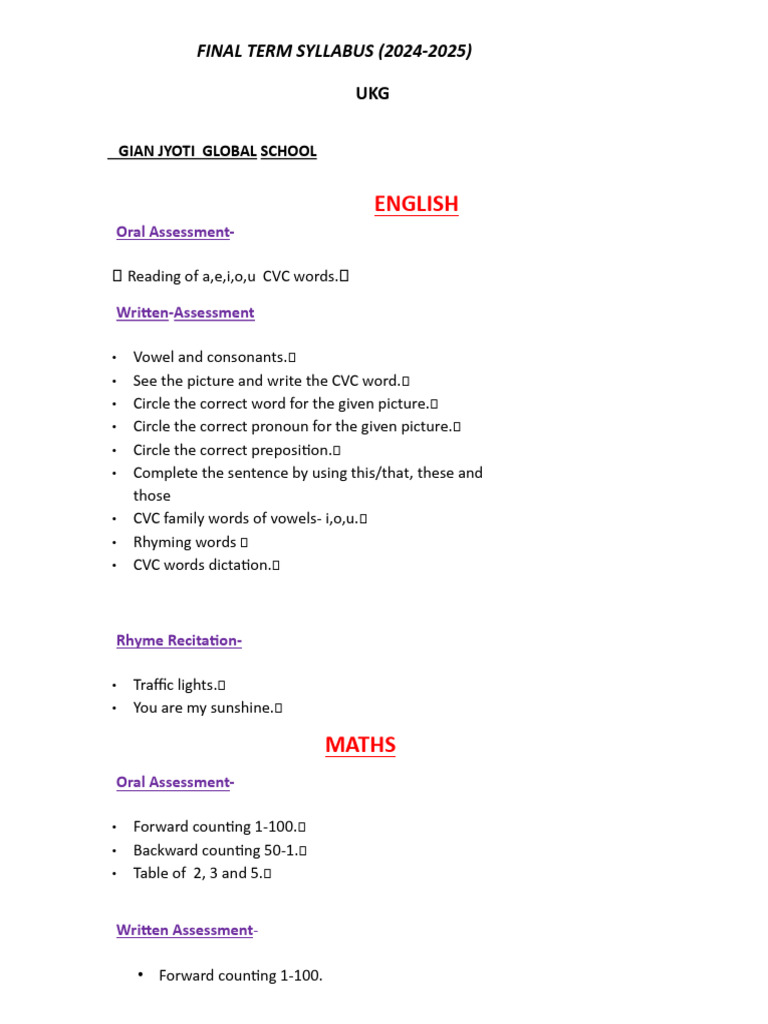 UKG Final Term Syllabus 2024-2025 | PDF
