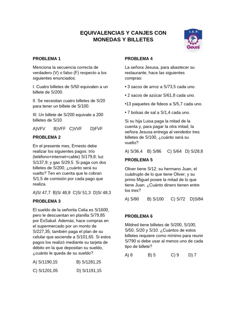7) Equivalencias y Canjes Con Monedas y Billetes | PDF | Business ...