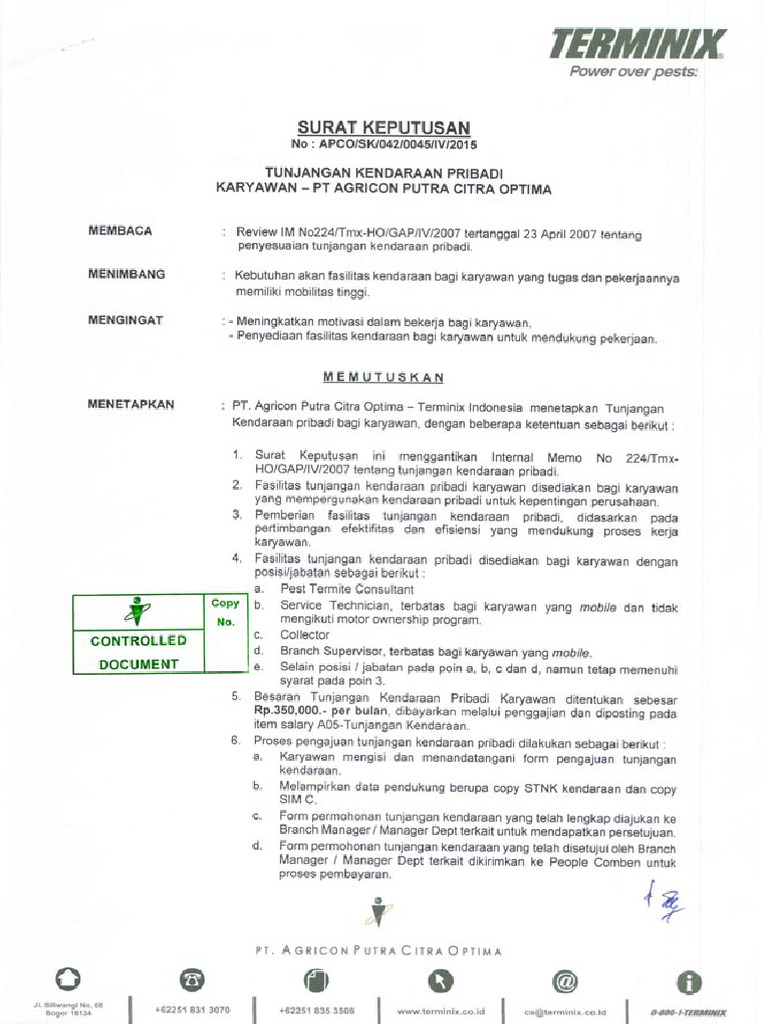 SK Tunjangan Kendaraan Pribadi Karyawan PT APCO Controlled | PDF