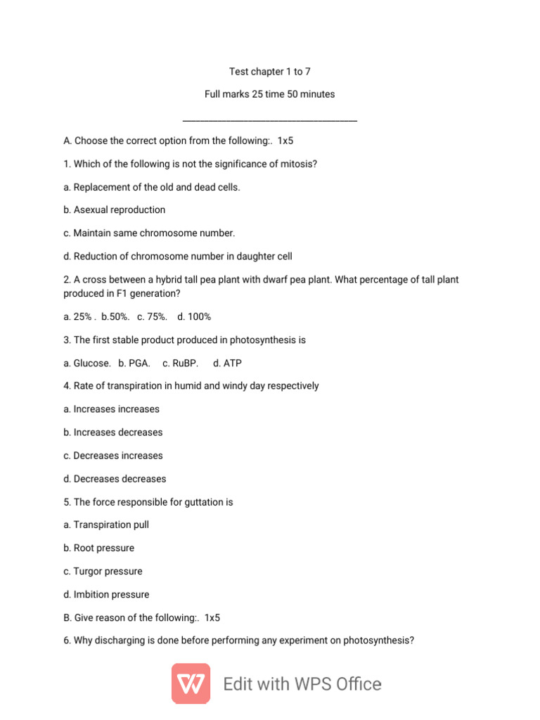 Test Chapter 1 To 7 Biology | PDF | Photosynthesis | Mitosis