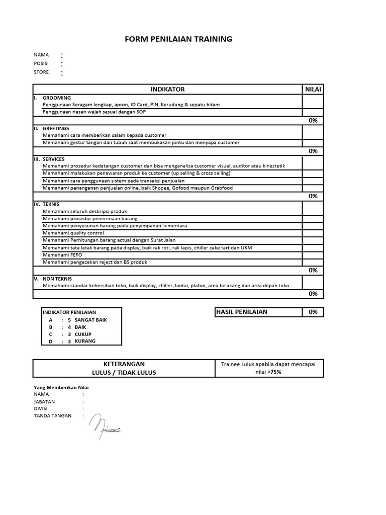 FORM PENILAIAN On The Joh Training | PDF