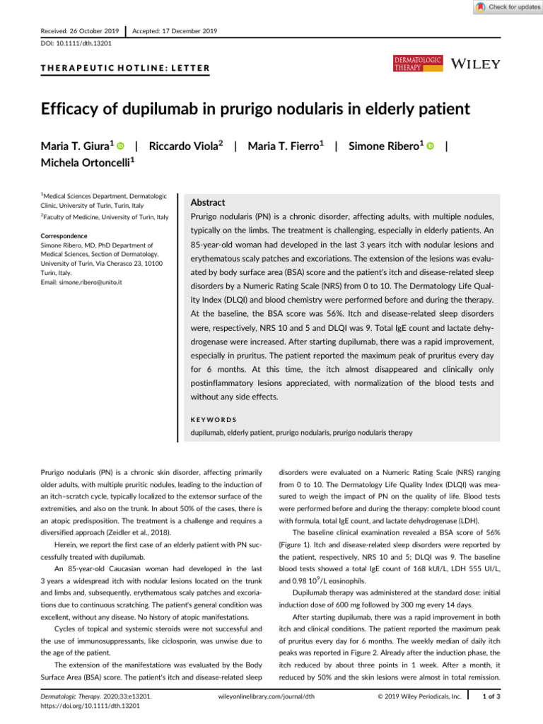 Dermatologic Therapy - 2019 - Giura - Efficacy of Dupilumab in Prurigo ...