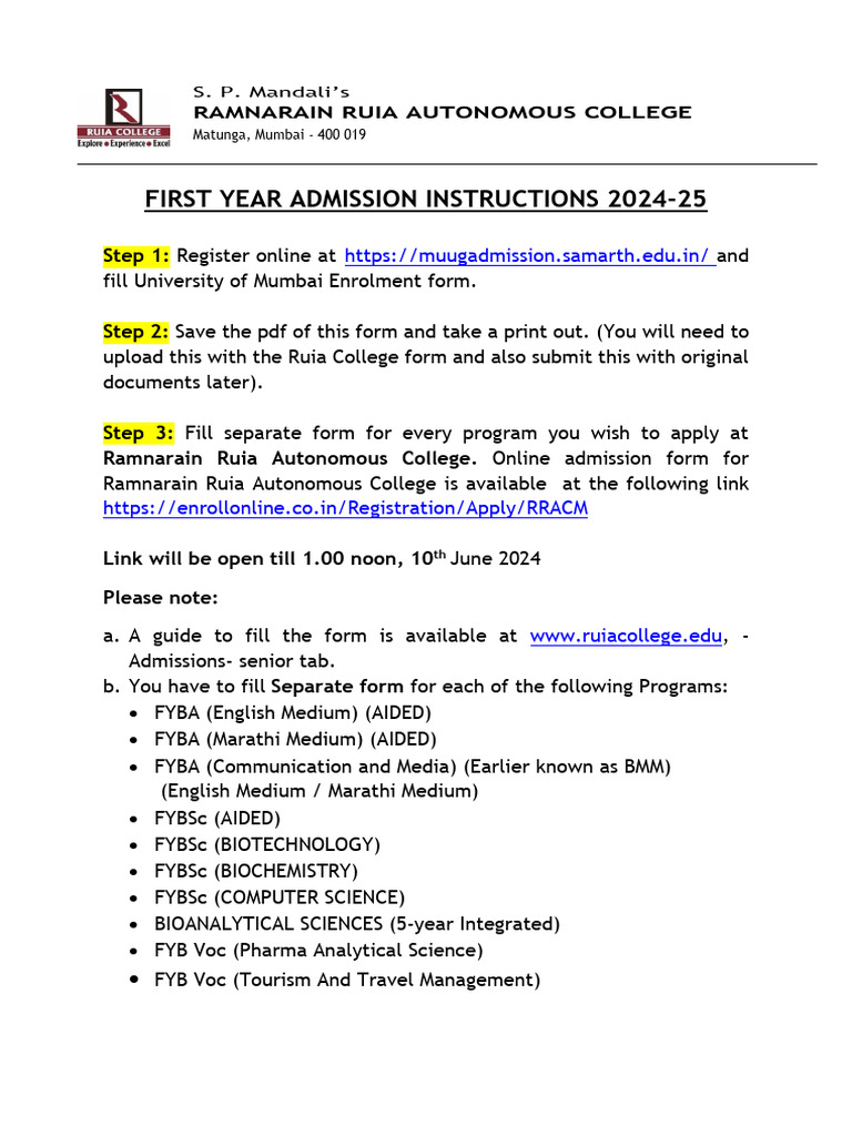 RUHIA FY Admssion Instructions 2024-25 | PDF