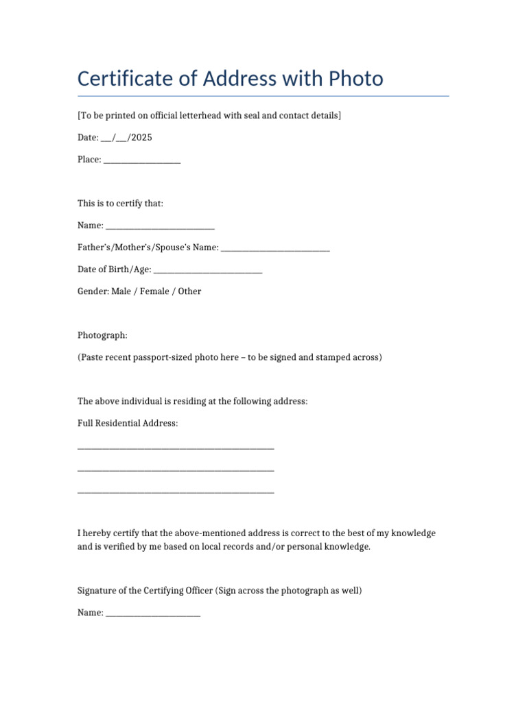 Certificate of Address for Aadhaar | PDF