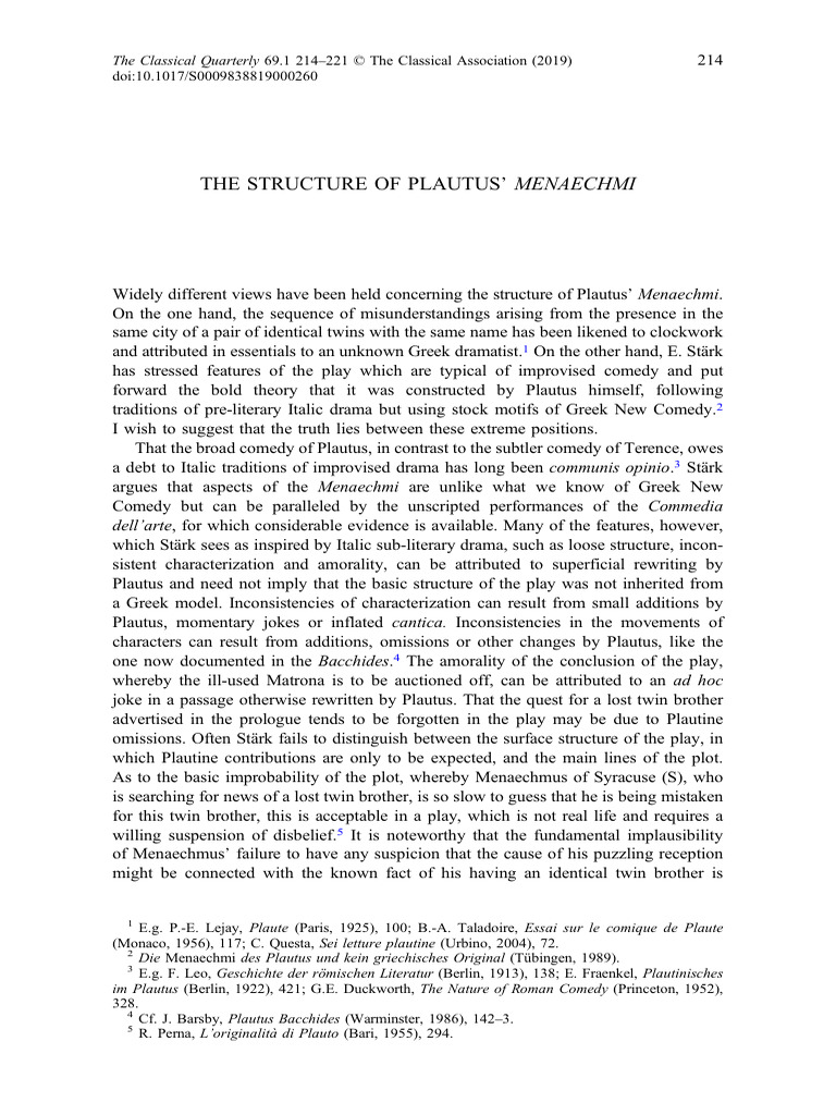 (Artículo) The Structure of Plautus' Menaechmi - Christopher Lowe | PDF
