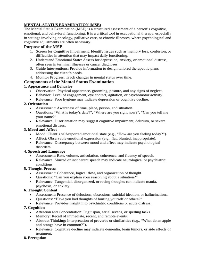 Purpose And Components Of Mse Pdf Mental Health Hallucination