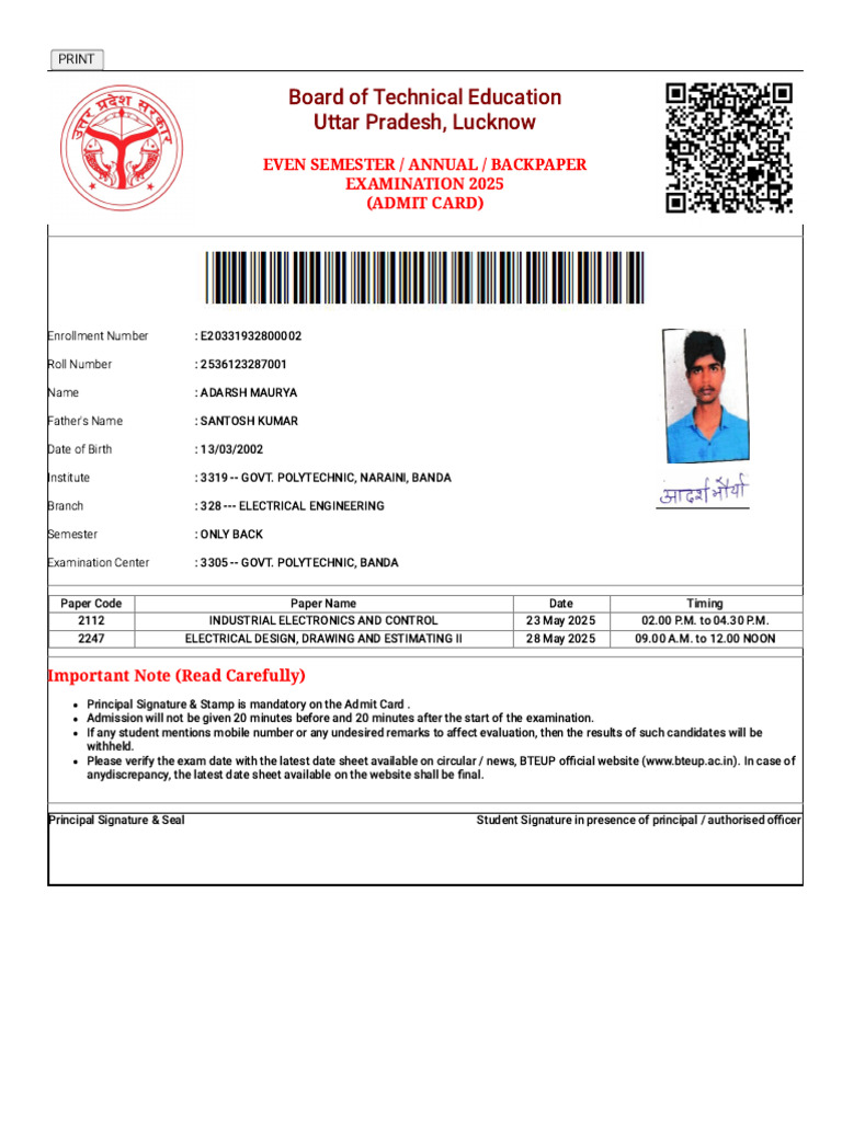 Bteup - Ac.in ESeva Student AdmitCard - Aspx EnrollNumber ...