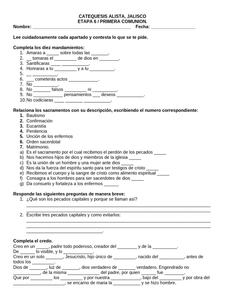 Examen CATEQUESIS ALISTA | PDF | eucaristía | Cristo (título)