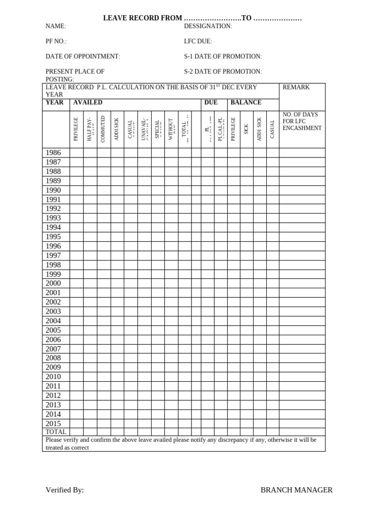 LEAVE RECORD FROM .TO : Year Availed DUE Balance | PDF