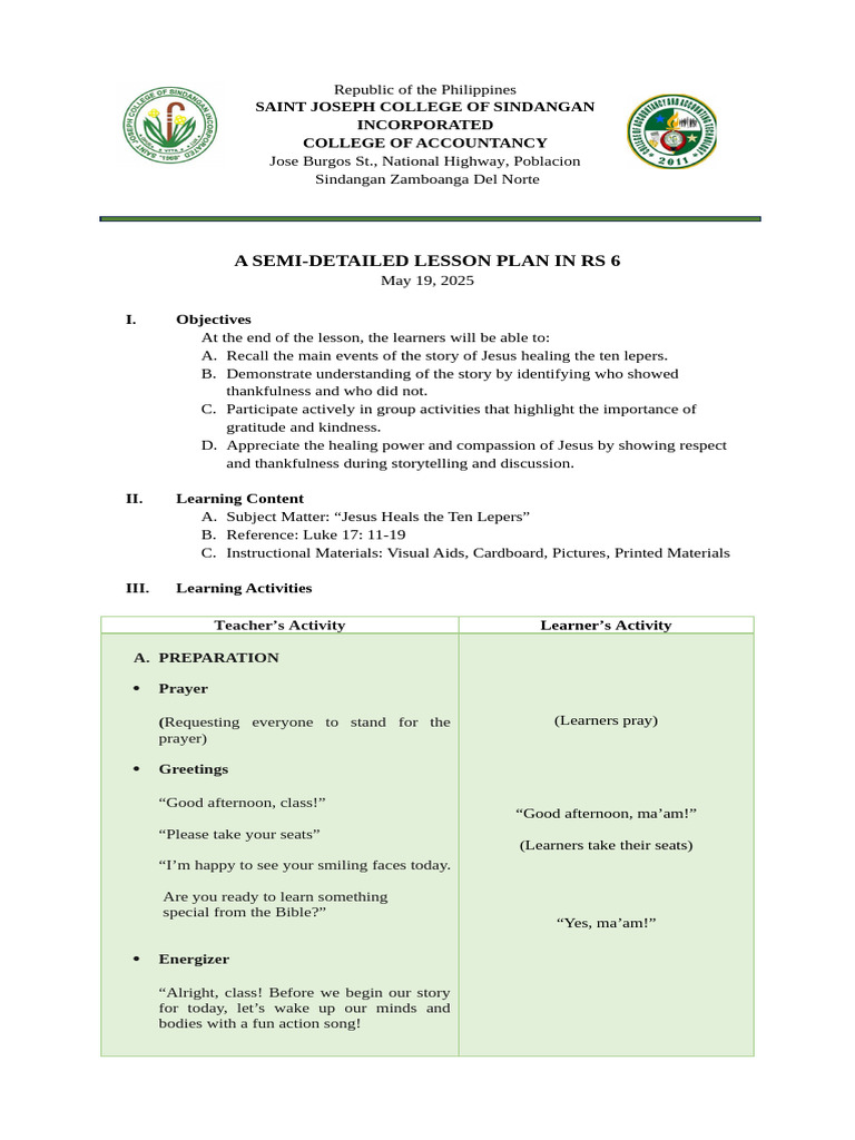 Semi-Detailed Lesson Plan in RS6 | PDF | Jesus | Prayer