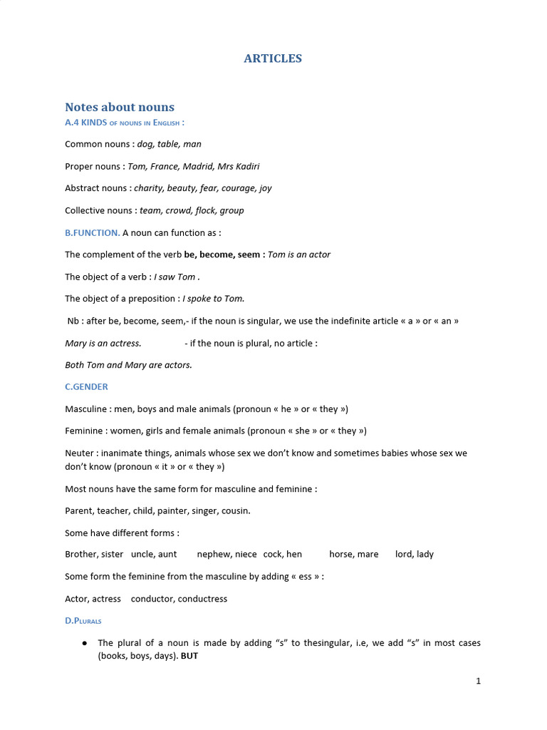 Understanding Nouns and Articles in English | PDF | Grammatical Gender ...