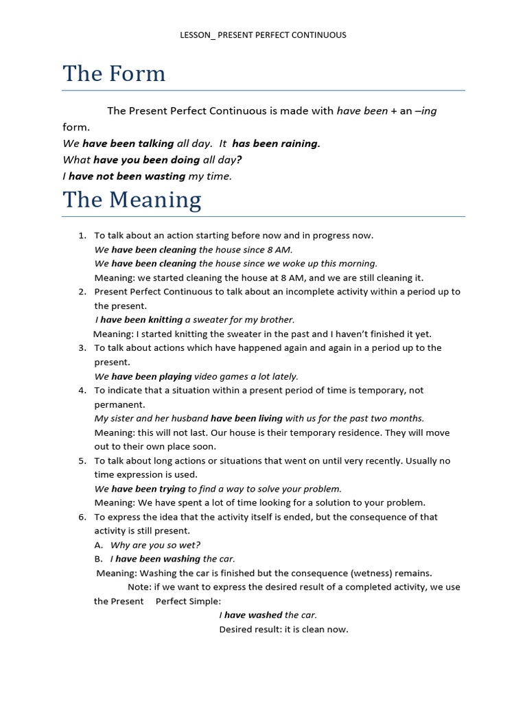 Present Perfect Continous Lesson | PDF
